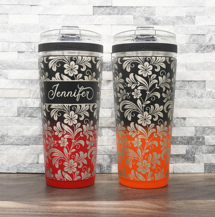 Laser Engraved Ice Shaker Tumbler with Hibiscus Flower Wrap-Around Des
