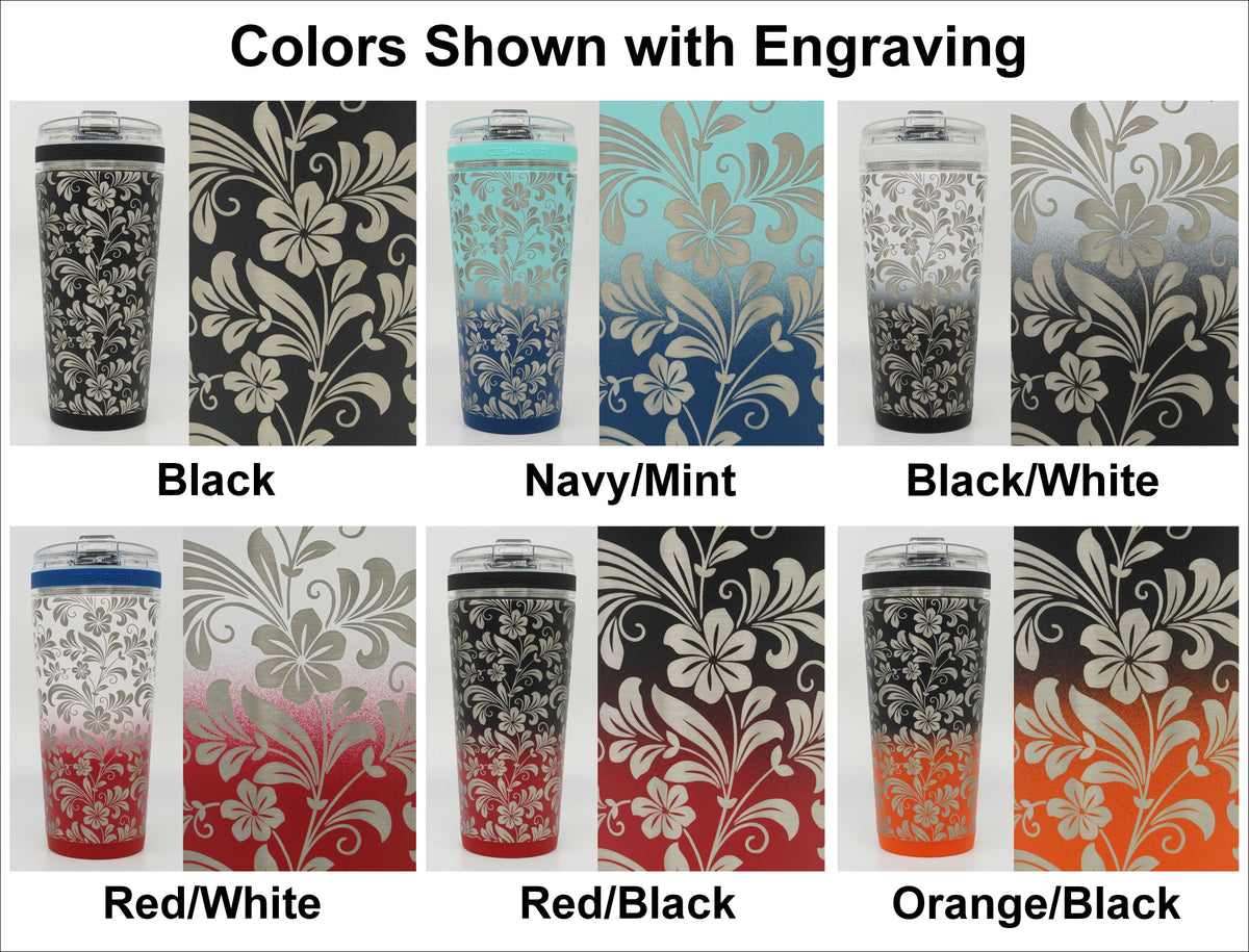 Laser Engraved Ice Shaker Tumbler with Hibiscus Flower Wrap-Around Des