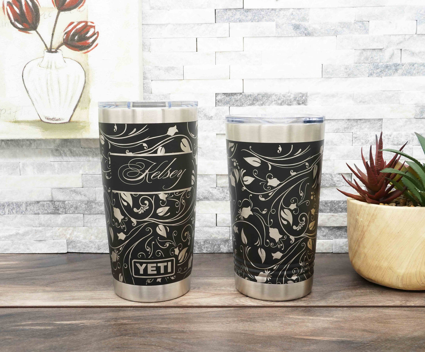 Laser Engraved YETI® or Polar Camel Tumbler with Flowering Vine Wrap-A